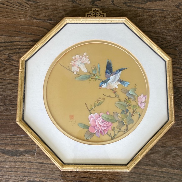 Vintage | Art | Vintage Octagon Asian Bird Flower Art With Brass Asian ...